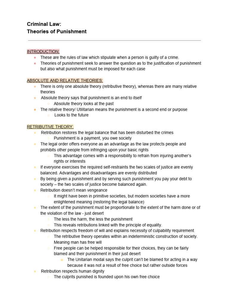 Criminal Law 2020 Theories Of Punishment Pdf Crime Violence