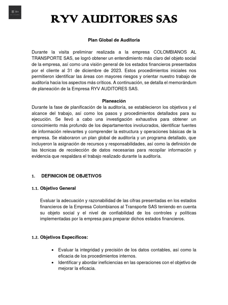 Plan Global de Auditoria | PDF | Auditoría | Estado financiero