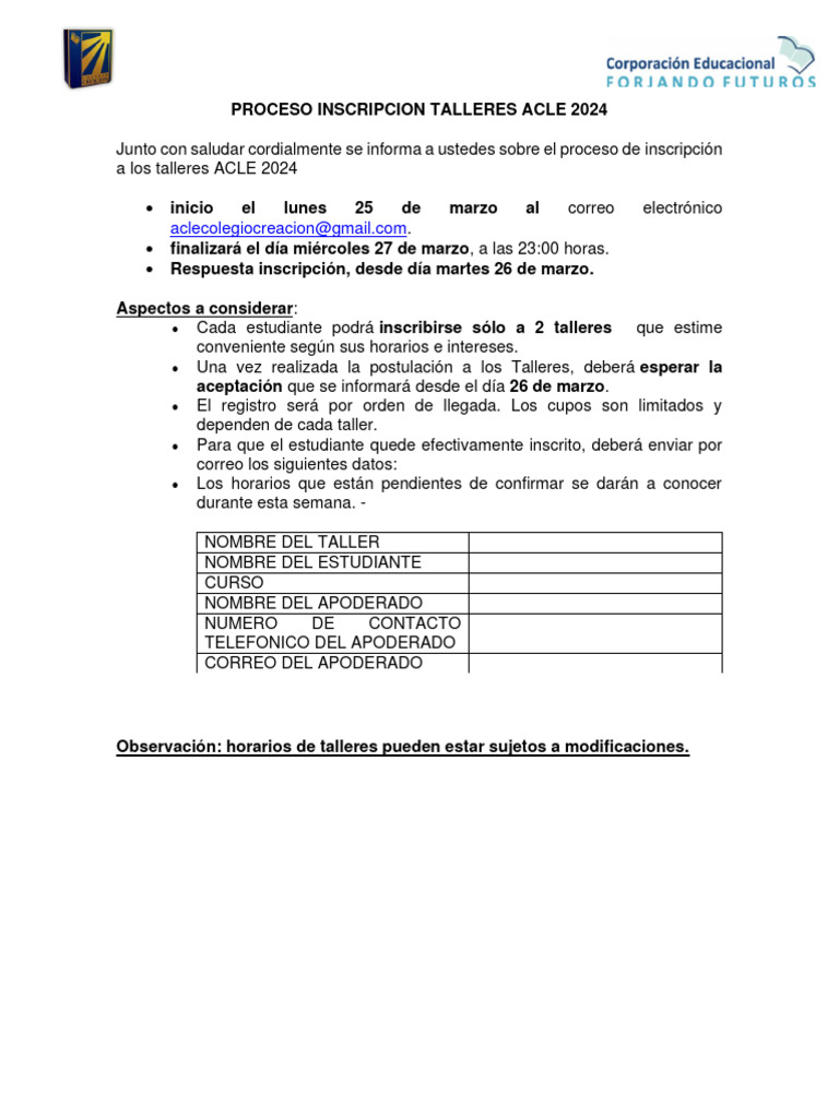 Proceso de Inscripcin Talleres Acle 2024 W6ki1 | PDF | Entretenimiento