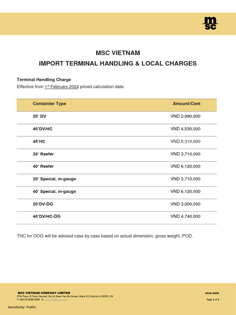 MSC Vietnam Local Charges 2024-2025 | PDF