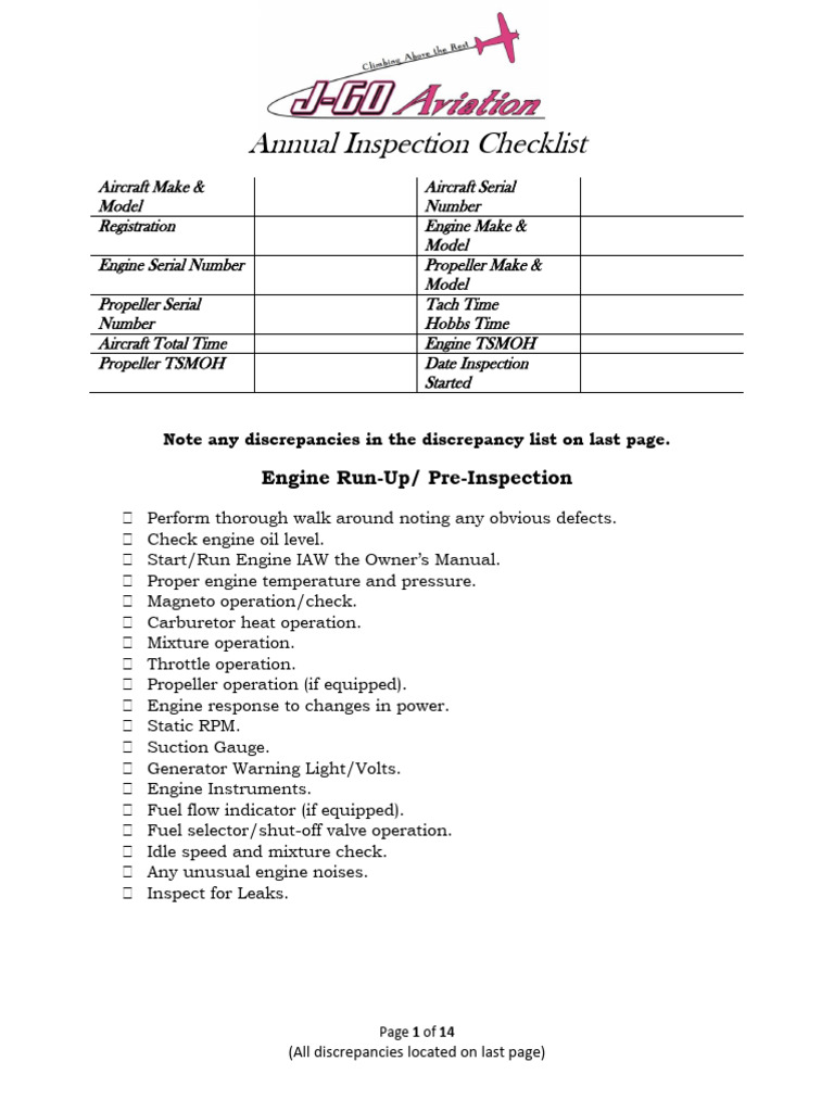 Aircraft Annual Inspection Checklist | PDF | Leak | Carburetor