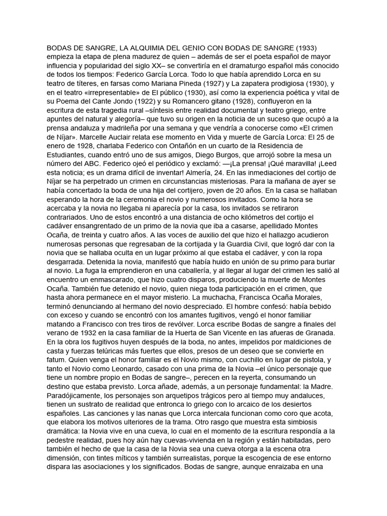 Análisis de "Bodas de Sangre" de Lorca | PDF | Federico García Lorca