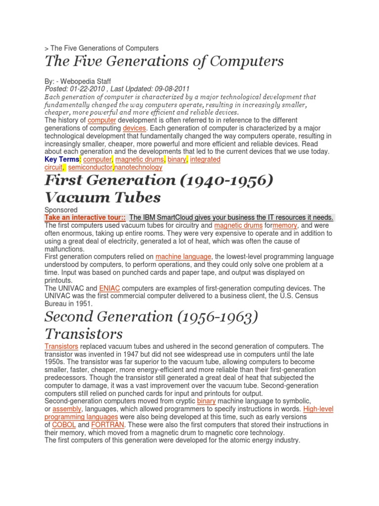The Five Generations of Computers: First Generation (1940-1956) Vacuum ...