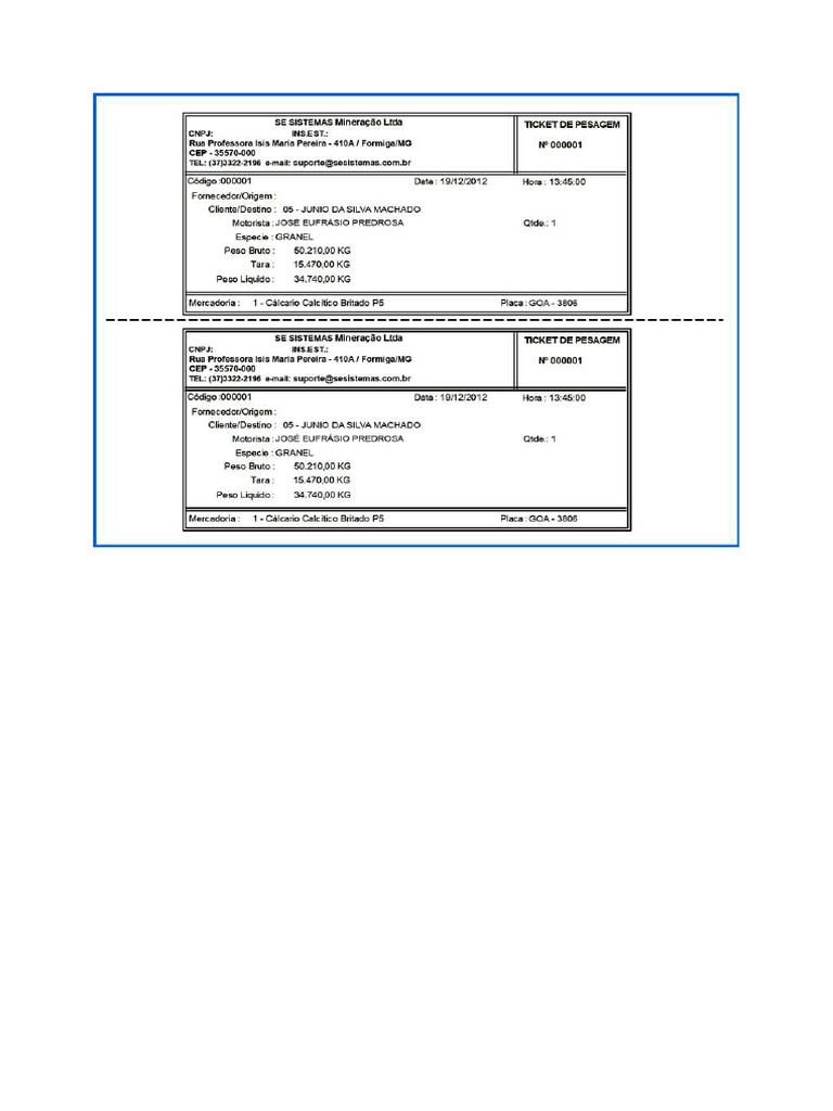 Ticket de Pesagem IMPRESSO | PDF