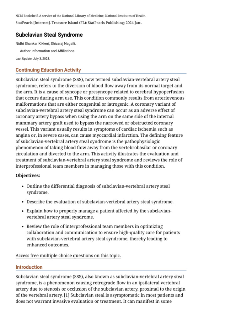 Subclavian Steal Syndrome - StatPearls - NCBI Bookshelf | PDF ...