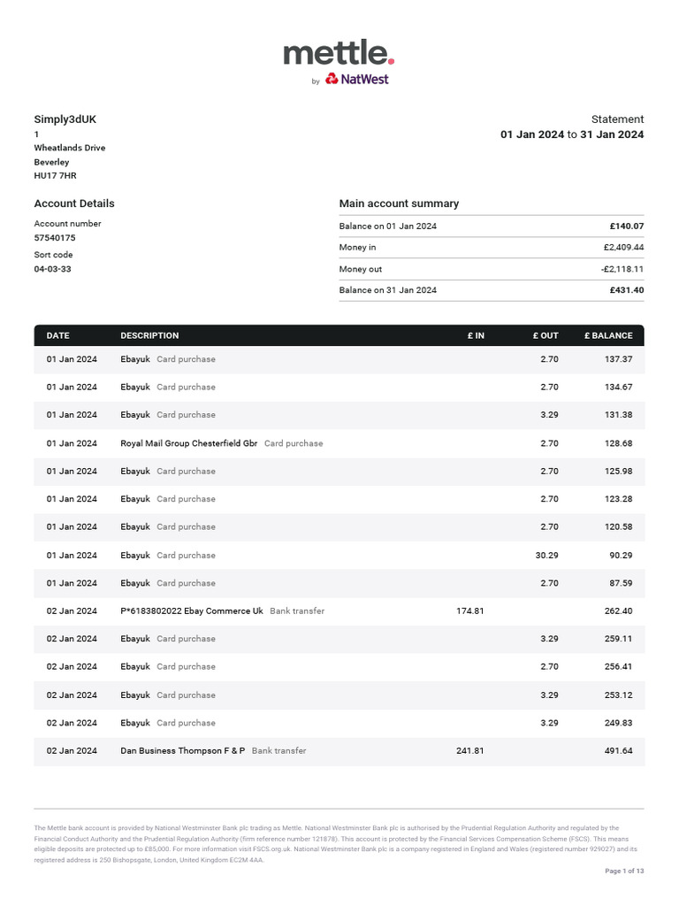 Simply3dUK January Statement | PDF | Banking | Service Industries