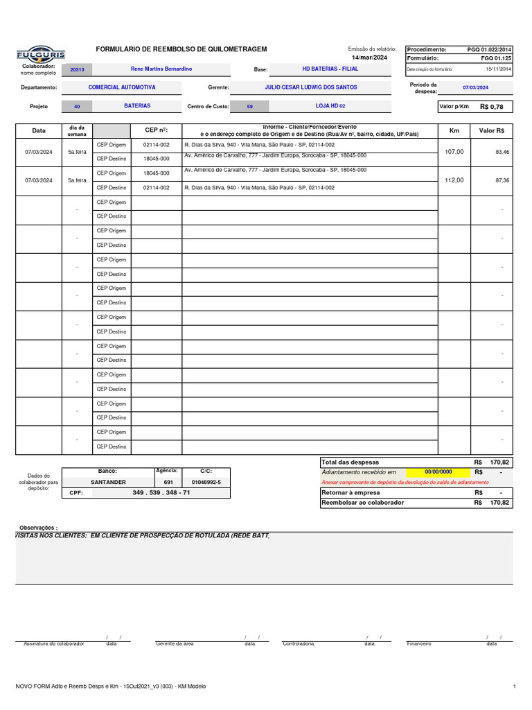 NOVO FORM Adto e Reemb Desps e KM - 15out2021 - v3 | PDF