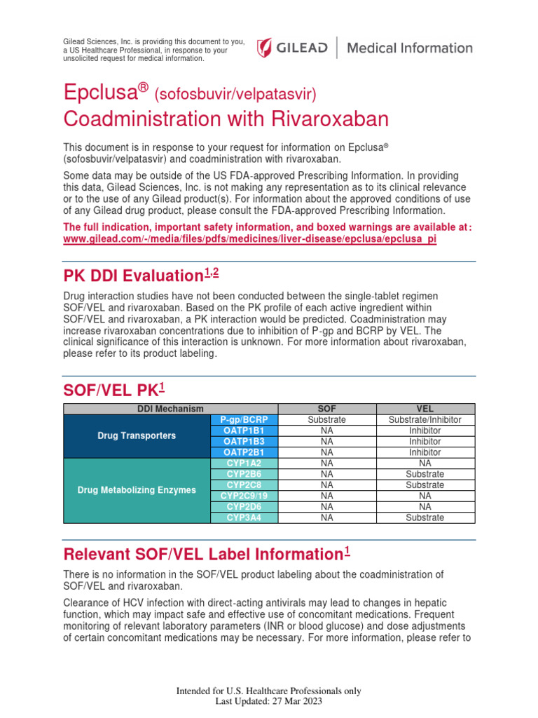 Epclusa Coadministration With Rivaroxaban | PDF | Hepatitis C | Medical ...