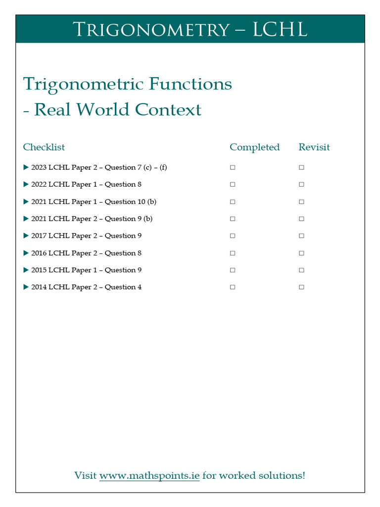 Trigonometric Functions Real World Context LCHL Worksheets | PDF | Pi ...