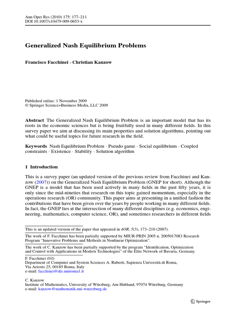 Generalized Nash Equilibrium Problems | PDF | Mathematical Optimization ...