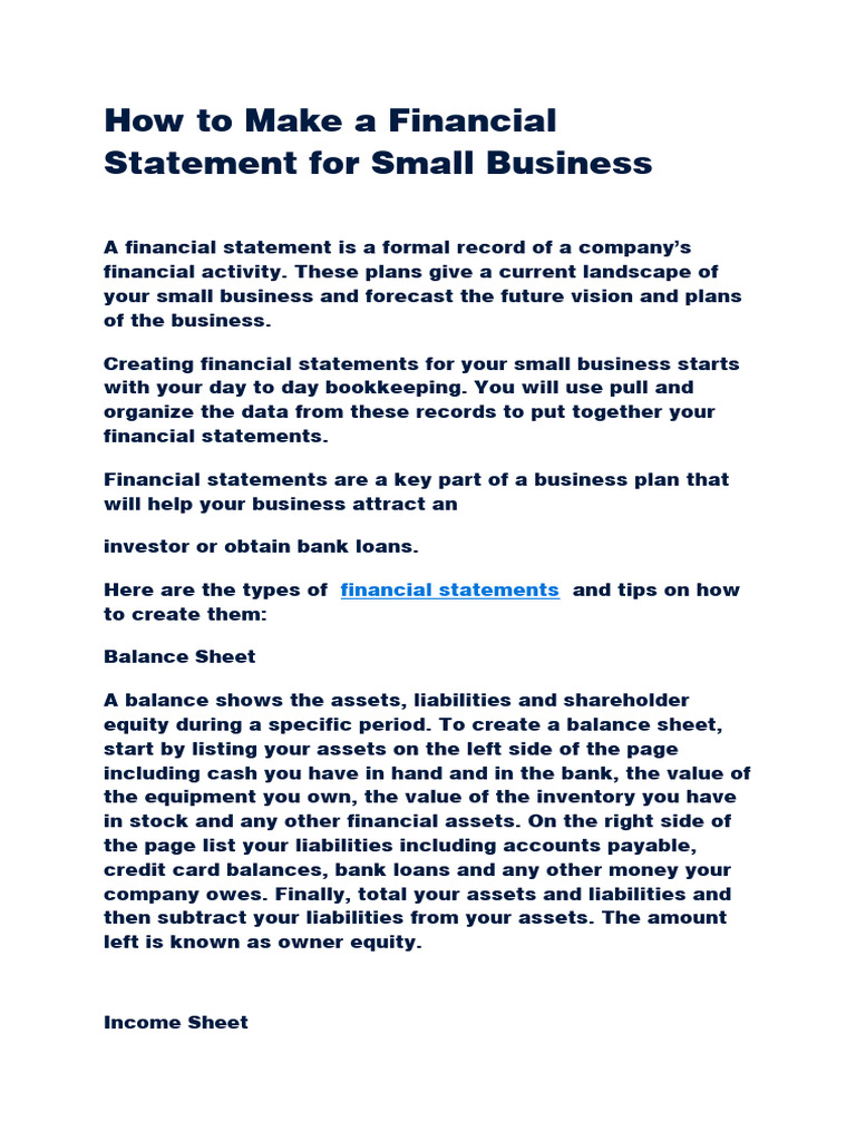 Creating Financial Statements for Small Biz | PDF | Equity (Finance ...