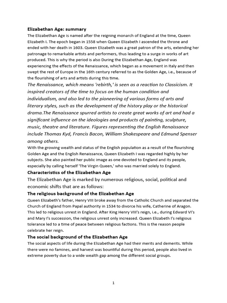 Overview of the Elizabethan Age | PDF | William Shakespeare ...