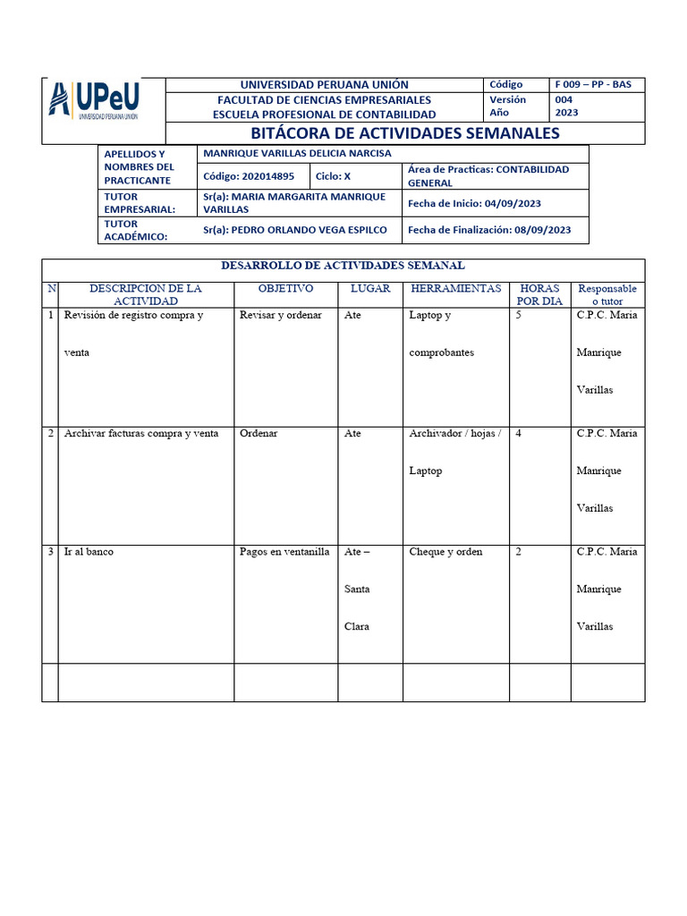 Formato 09 Bitacora de Actividades - Delicia Manrique - Sem4 | PDF