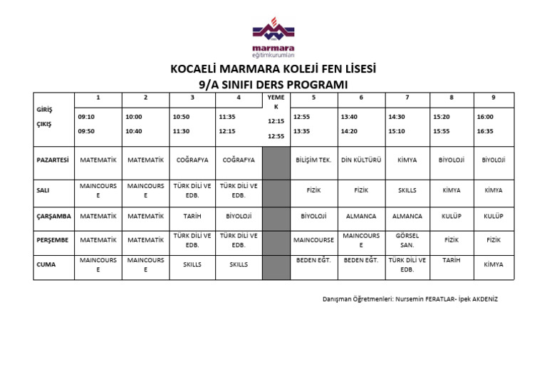 9a Fen Lisesi Sinifi Ders Programi-1 | PDF
