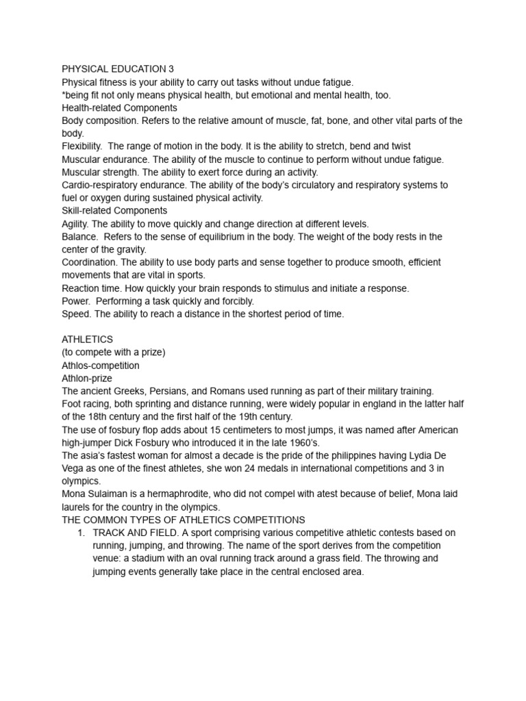 Physical Education 3 | PDF | Track And Field | Sport Of Athletics