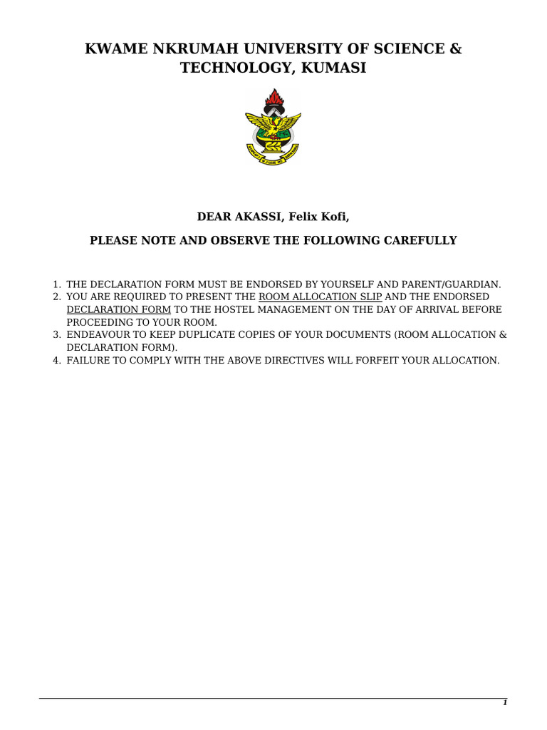 KNUST GUSSS Room-Allocation-Slip | PDF