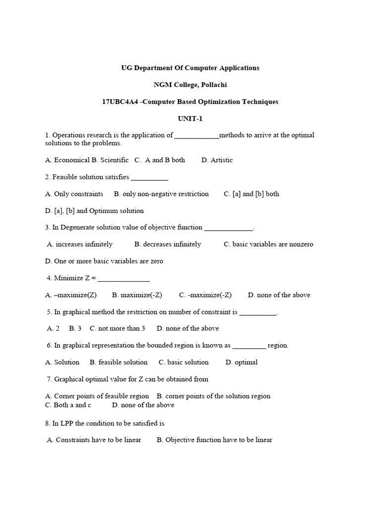 BCA - 17UBC4A4 Computer Based Optimization Techniques | PDF ...