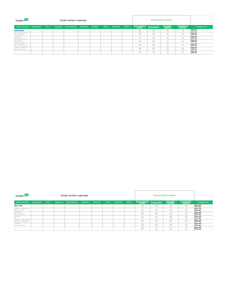 MailerLite Email Marketing Calendar Template | PDF | Observances ...