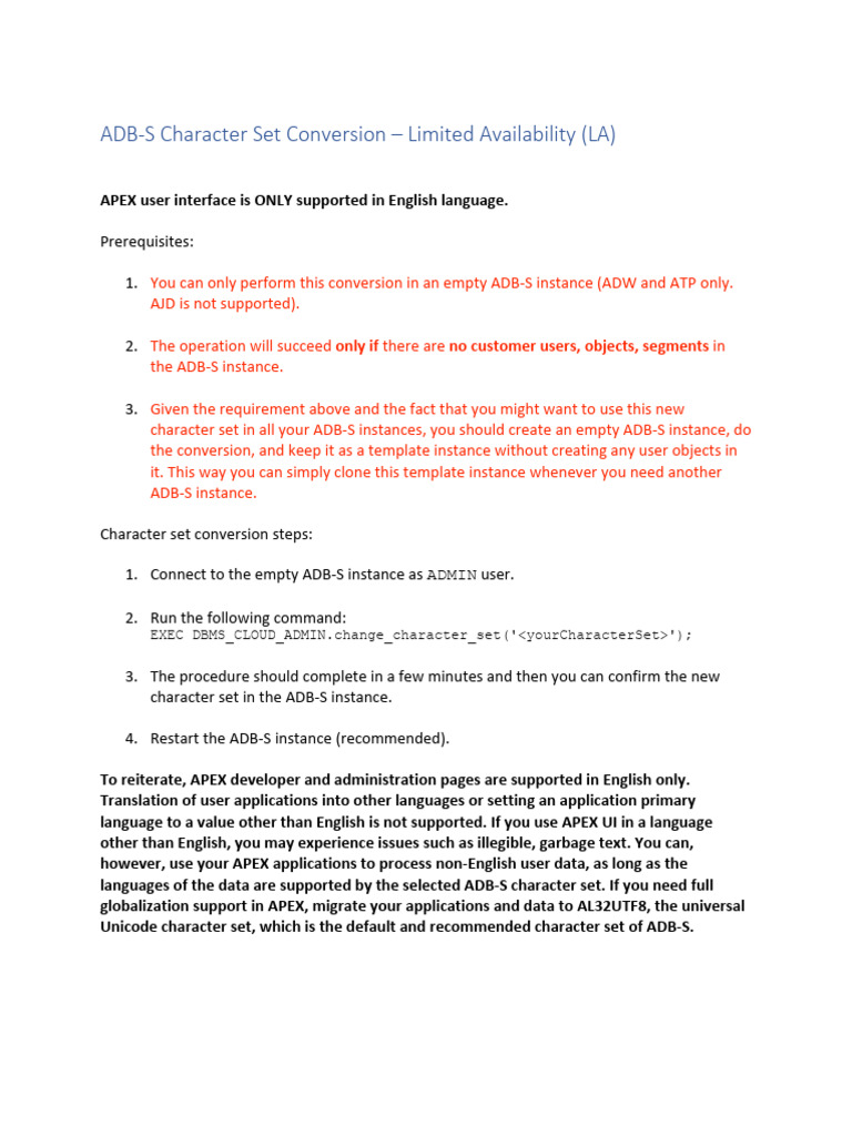 ADB-S Character Set Conversion - Limited Availability (LA) | PDF