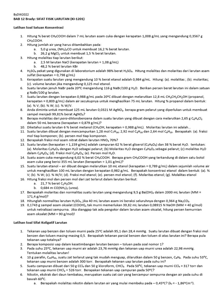 Soal Sifat Fisik Larutan-Satuan Konsentrasi Dan Sifat Koligatif Larutan ...