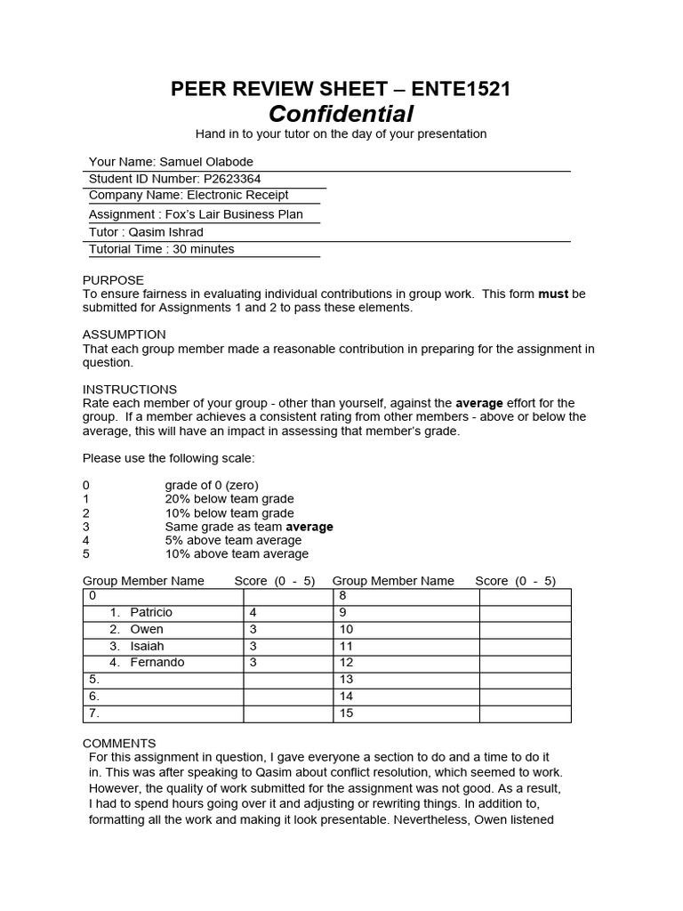 Peer Review for ENTE1521 Business Plan | PDF