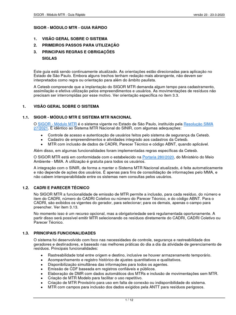 Guia SIGOR MTR: Uso e Funcionalidades | PDF | Desperdício | Fazer login