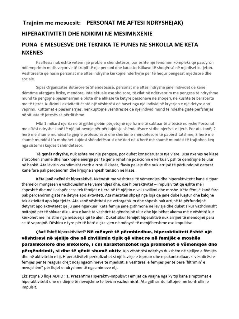 Femijet Me AK, Hiperaktiviteti Dhe Puna Me Keta Nxenes | PDF