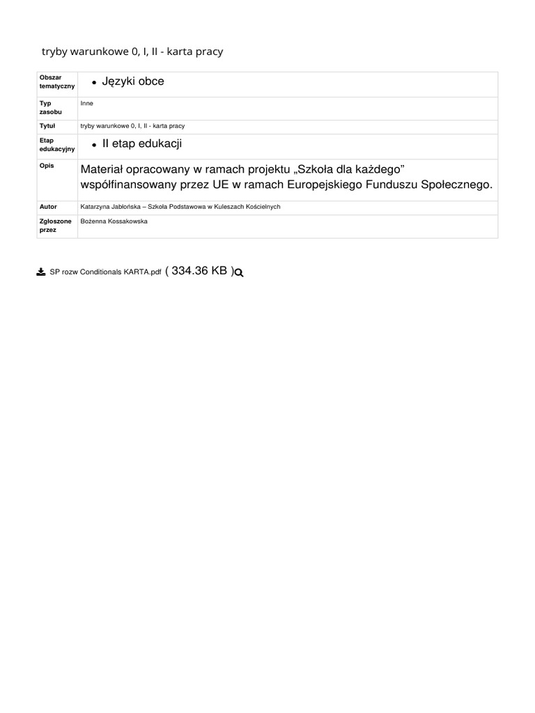 Tryby Warunkowe 0 I II Karta Pracy | PDF