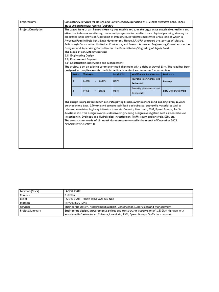 Awoyaya Road Project Overview | PDF | Road | Urban Renewal