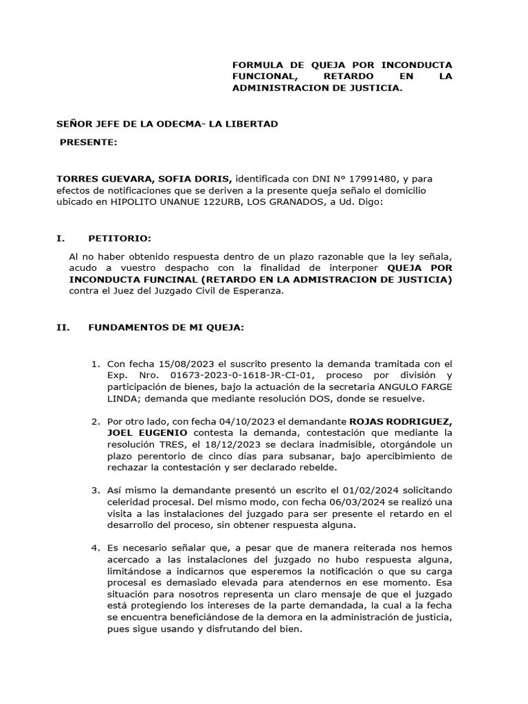 Formula de Queja Por Inconducta Funcional - Juzgado Civil La Esperanza ...