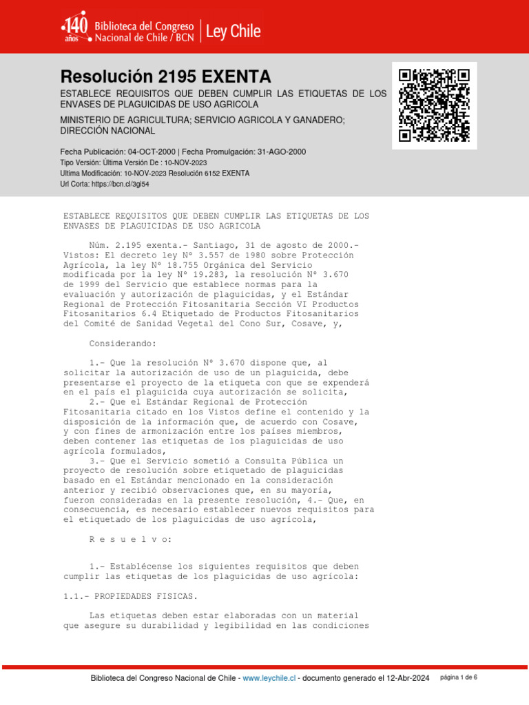 Res 2195 Exenta - 04 Oct 2000 | PDF | Pesticida