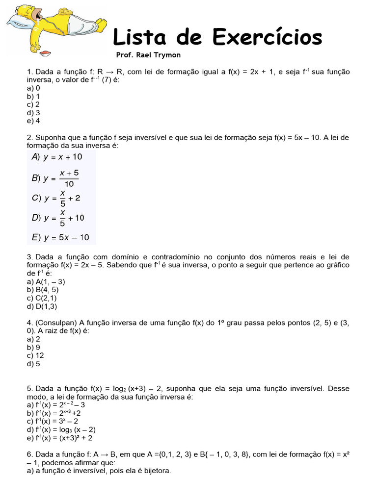Função Inversa - EXERCICIOS | PDF | Função (Matemática) | Matemática ...