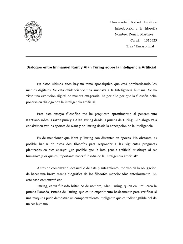 Ensayo, Kant y Turing Inteligencia Artificial | PDF | Immanuel Kant ... Ensayo, Kant y Turing Inteligencia Artificial | PDF | Immanuel Kant ...