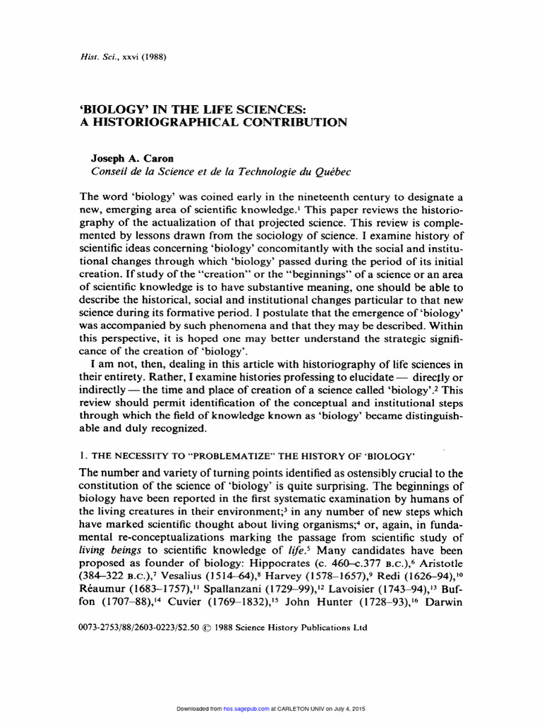 Caron, Joseph A., "Biology" in The Life Sciences A Historiographical ...