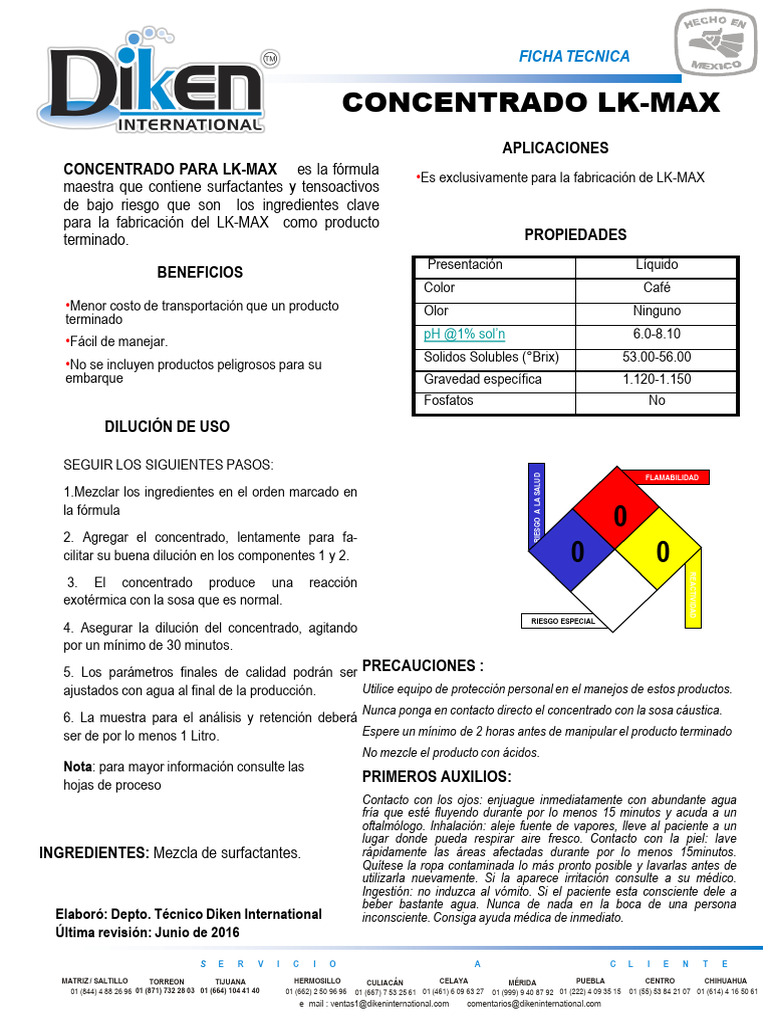 3447 CONCENTRADO LK-MAX FICHA TECNICA (Diken) 2016-06-29 | PDF | Concentración | Agua