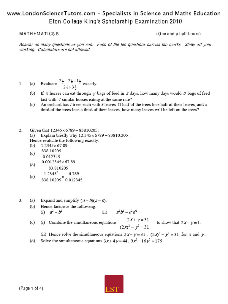 Eton - KS - MathsBPaper - 2010 | PDF | Mathematics | Applied Mathematics