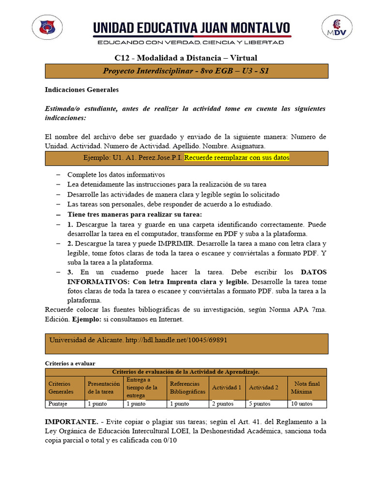 Actividad de Aprendizaje Proyecto Interdisciplinar 8vo EGB U3-S1 | PDF | Informática