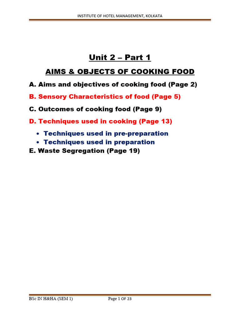 UNIT 2- Aims & Objectives of Cooking Food | PDF | Taste | Senses