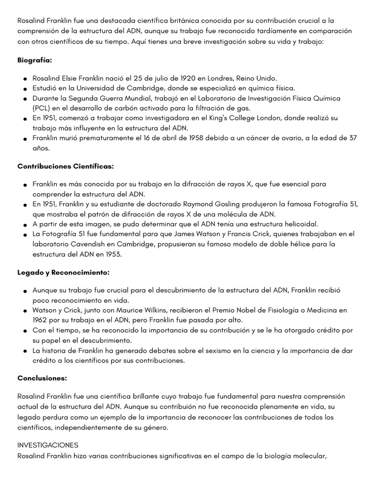 Rosalind Franklin fue una destacada científica británica conocida por ...