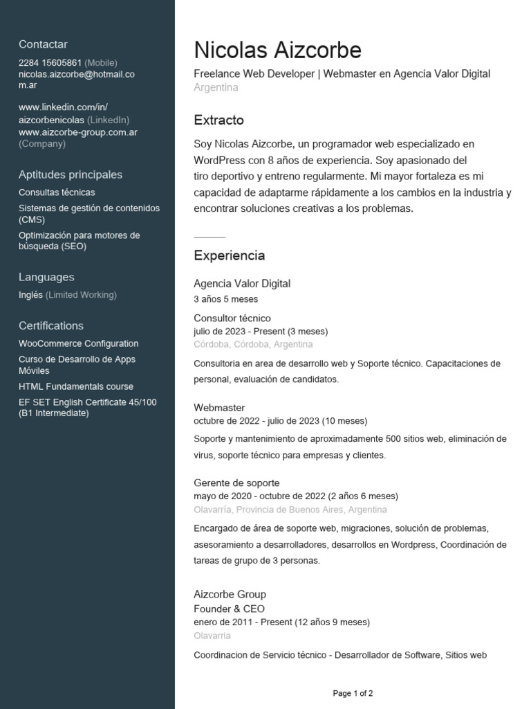 Nico CV - 09-2023 | Descargar gratis PDF | Tecnologías de la información | Informática