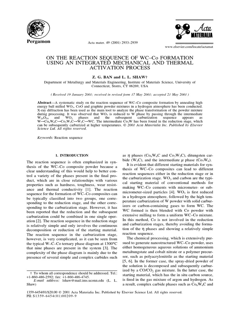 On The Reaction Sequence of Wc-Co Formation | PDF | Chemical Reactions ...