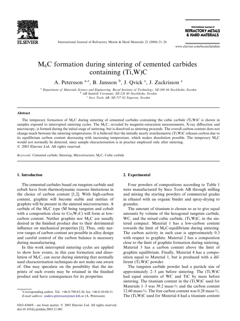 M6C Formation During Sintering of Cemented Carbides | PDF | Sintering ...