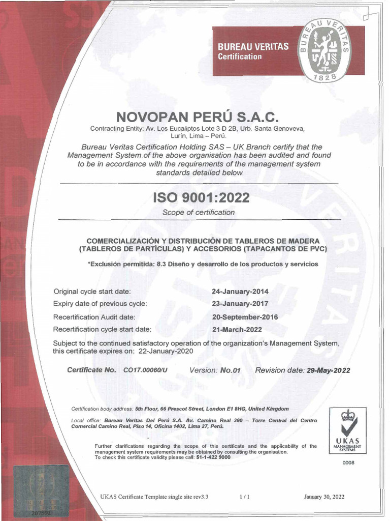 Novopan Perú S.A.C. ISO 9001:2022 Cert. | PDF | Finance & Money Management