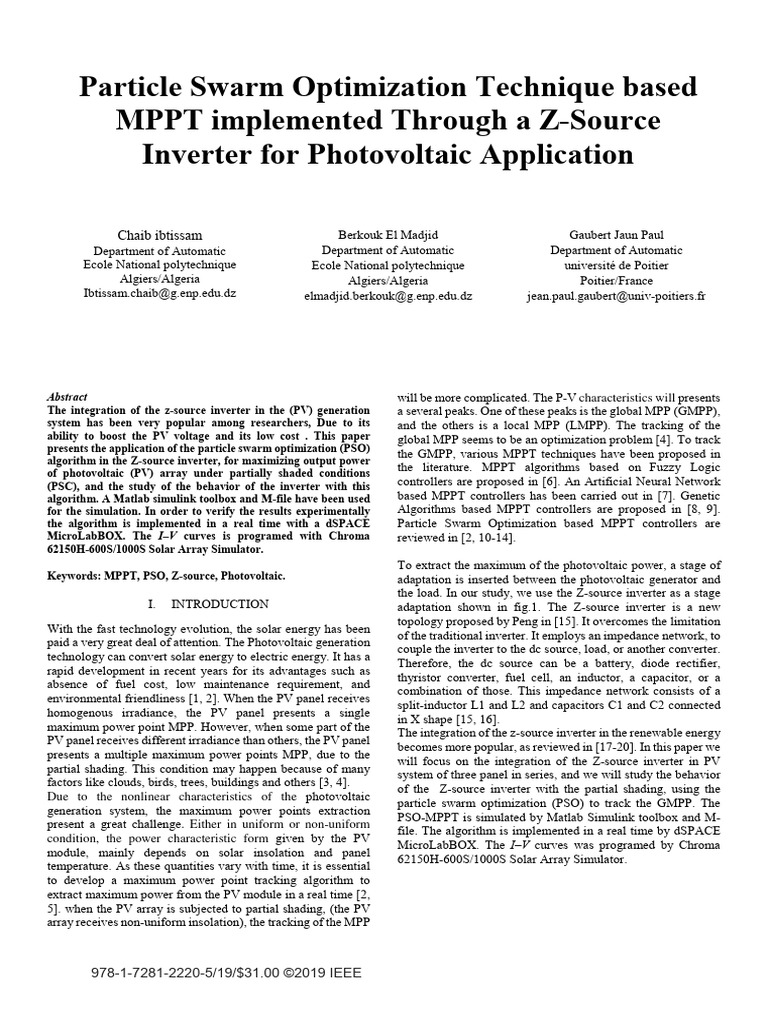 Particle Swarm Optimization Technique Pdf Photovoltaic System Photovoltaics