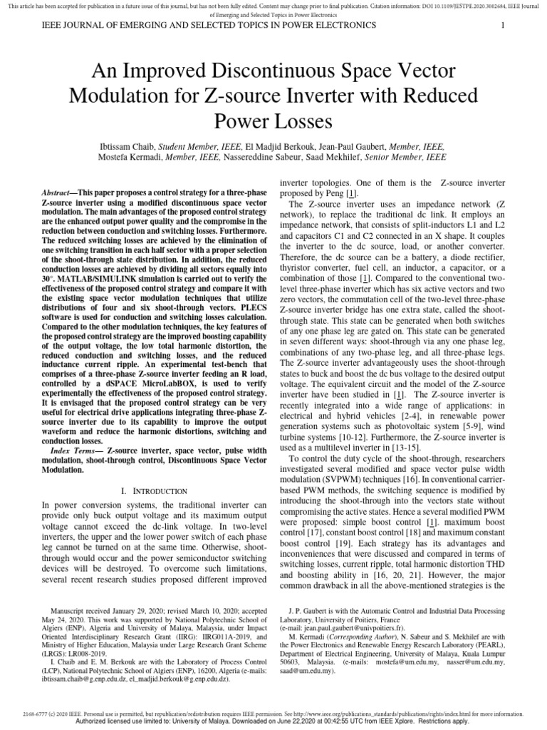 An Improved Discontinuous Space Vector Modulation For Z Source Inverter With Reduced Power