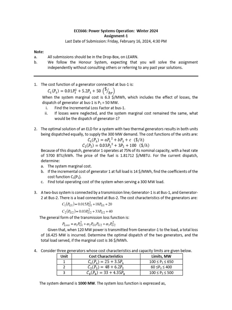 Assignment-1 Problems On ELD and Hydro-Thermal Coordination | PDF | Hydroelectricity | Reservoir