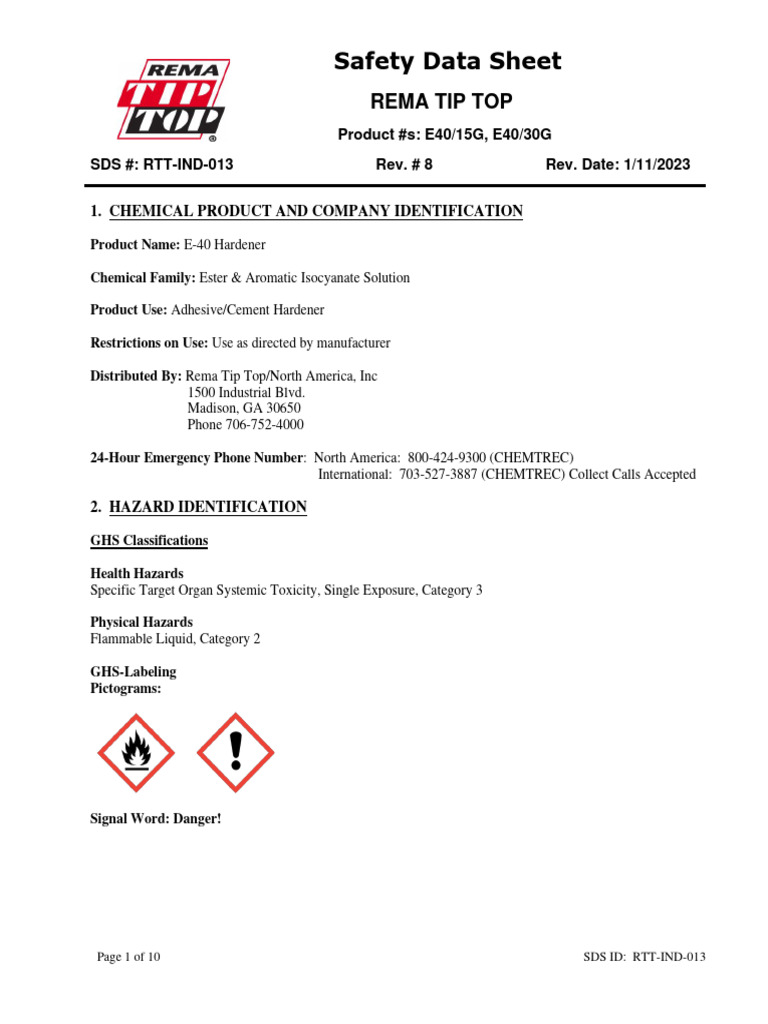 E-40 Hardener Safety Datasheet | PDF | Personal Protective Equipment | Toxicity