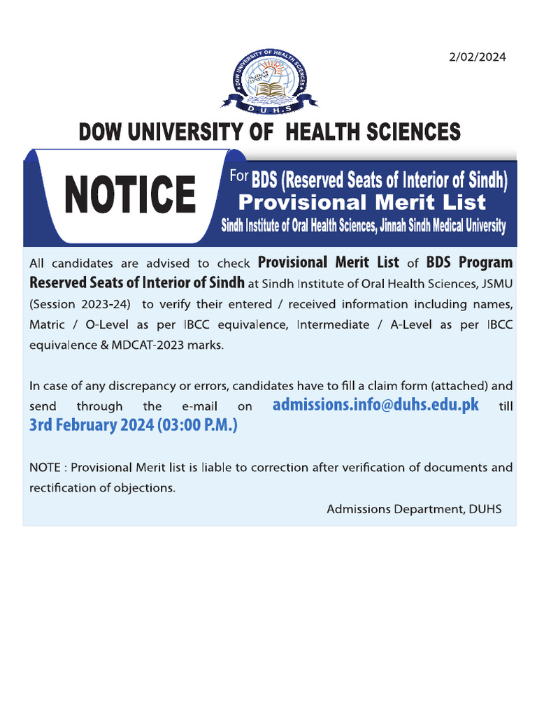 BDS Provisional Merit JSMU - 2024 | PDF
