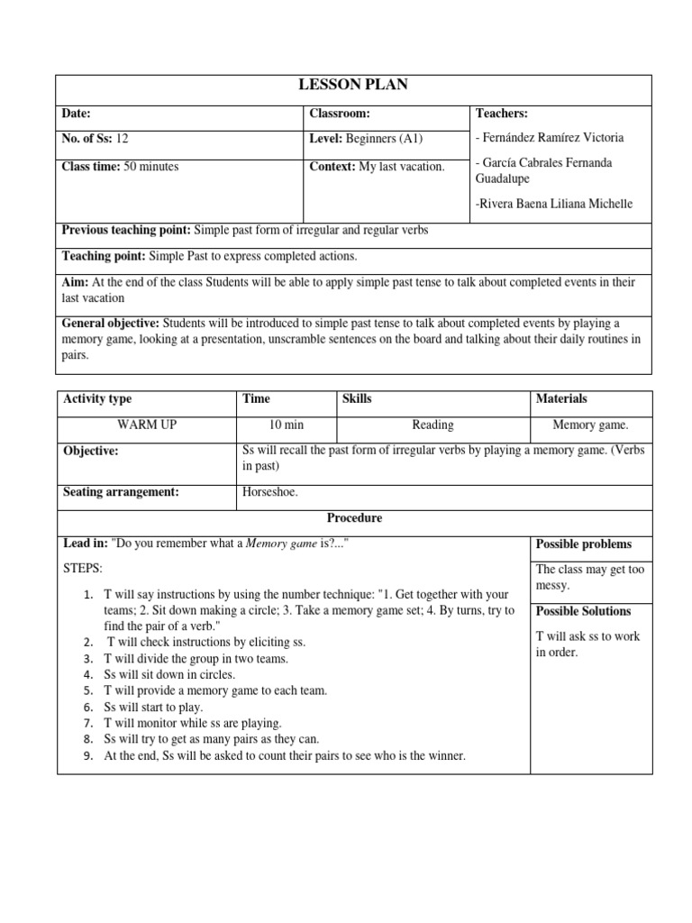 Lesson Plan Pedagogical Grammar Pdf Memory Verb