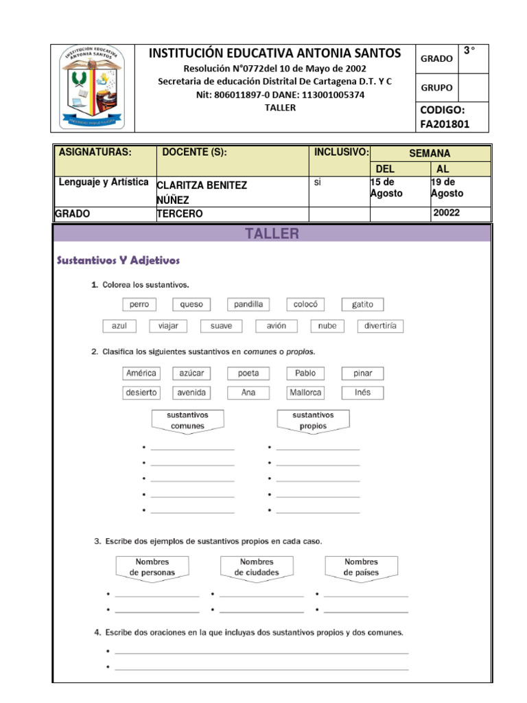 Taller Sustantivos y Adjetivo 3° | PDF | Adjetivo | Morfología Lingüística
